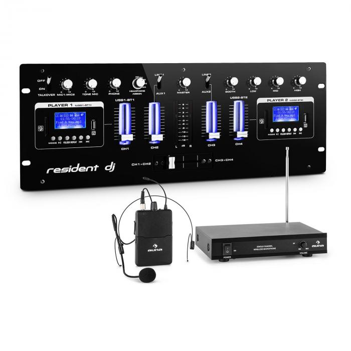DJ405USB-BK 4-channel DJ Mixer incl. VHF Wireless Microphone Set with ...